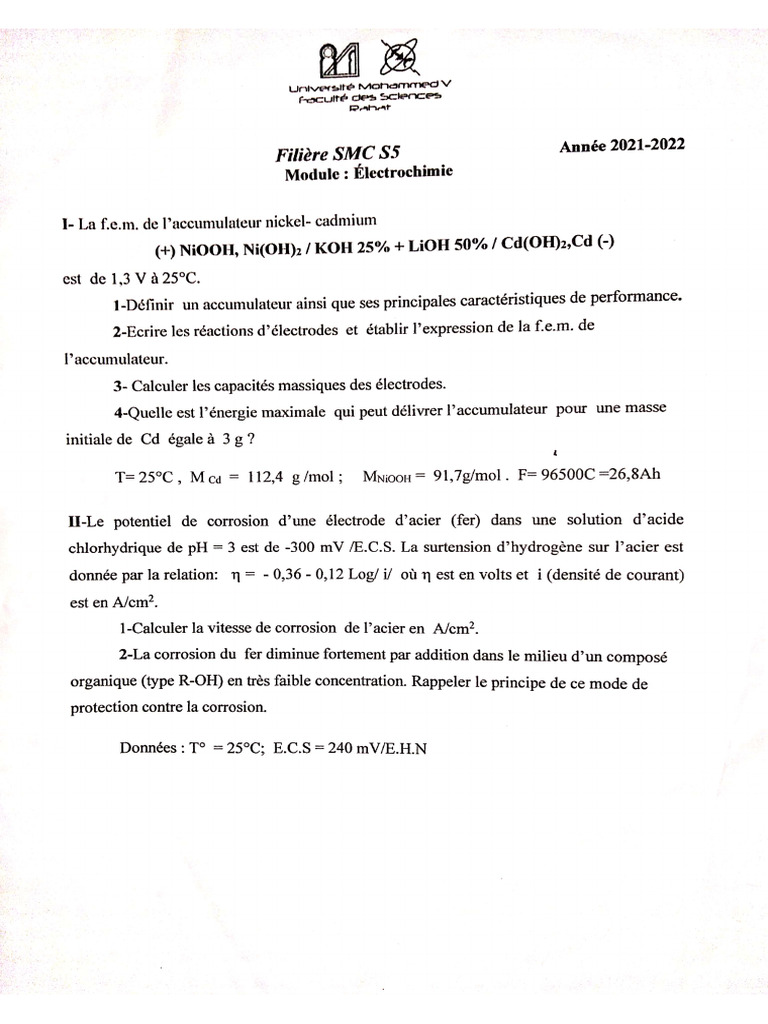 Examens Électrochimie | PDF