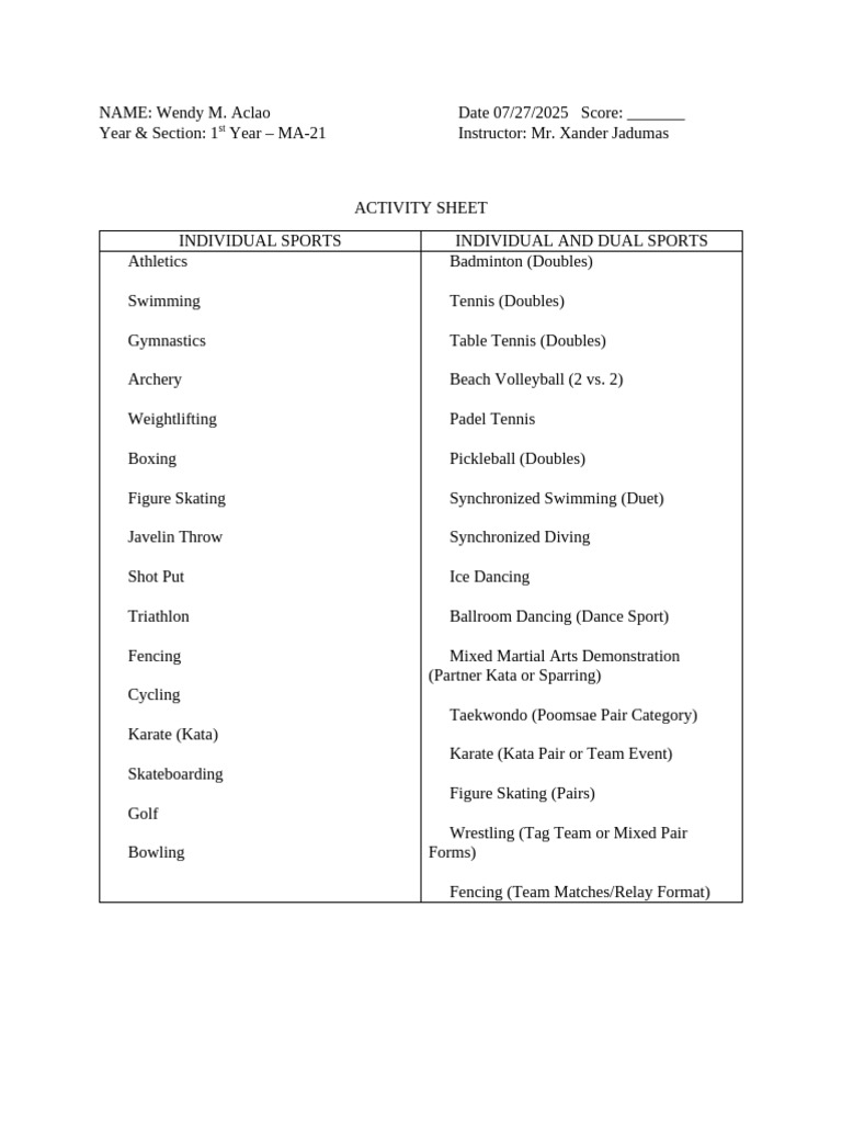 Individual Sports Activity Sheet | PDF