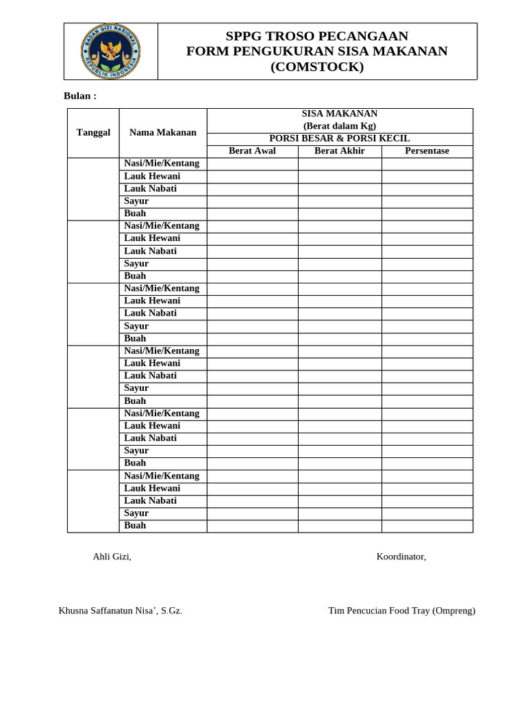 Form Comstock Ahli Gizi | PDF