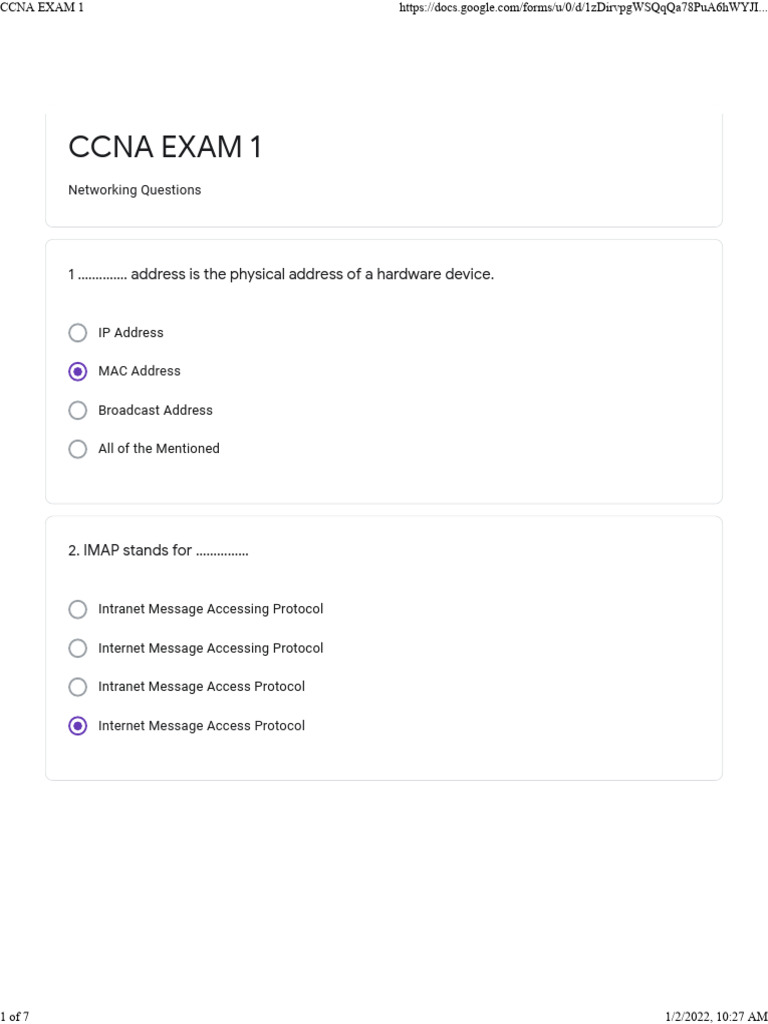 CCNA EXAM 1 | PDF | Computer Network | Network Topology