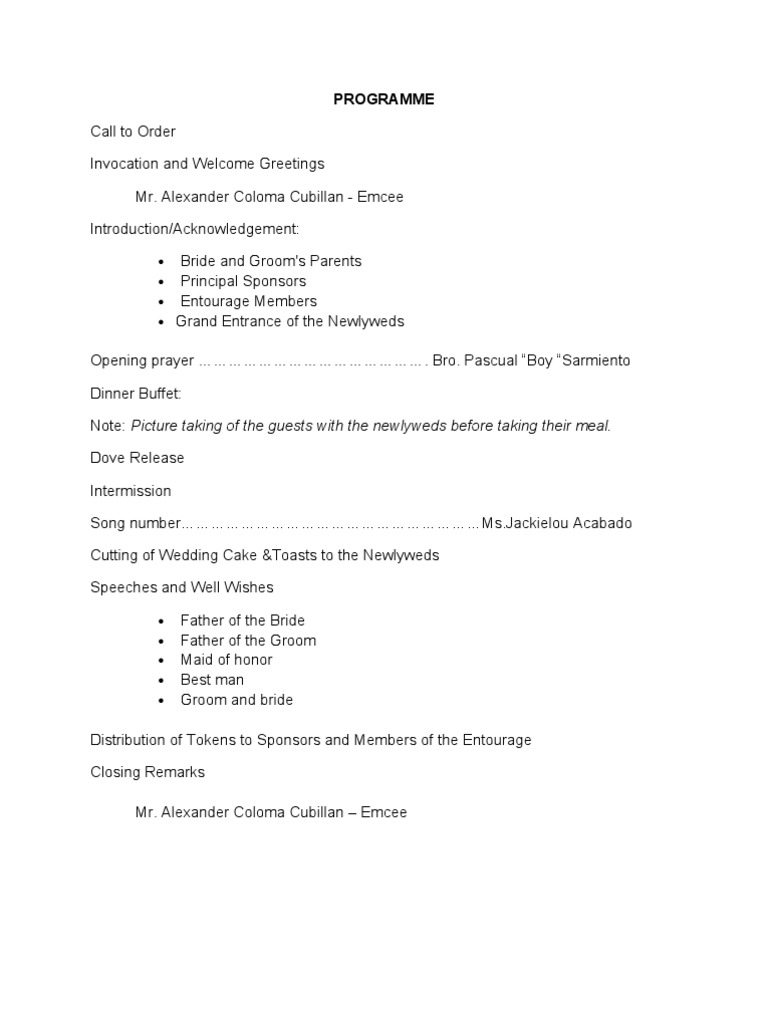 Prayer and Welcome Greetings Wedding Program | PDF | Wedding | Bridesmaid