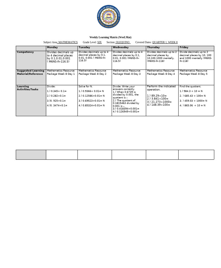 Weekly Learning Matrix-Math | PDF | Mathematics