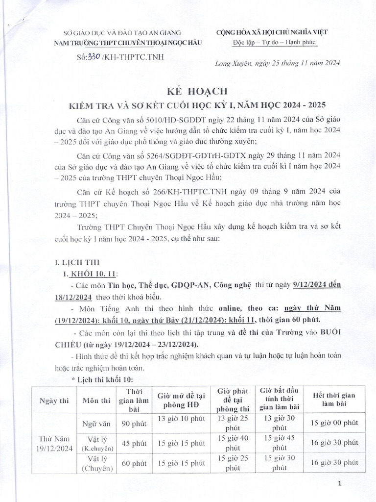 330-11-2024 KH Kiểm Tra Và Sơ Kết Học Kỳ I, Nh 24-25-0001 | PDF
