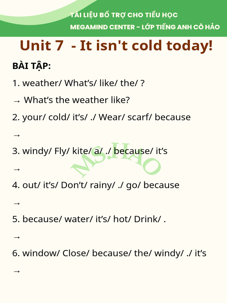 Lớp 4 - Unit 7- Khổ a4 | PDF