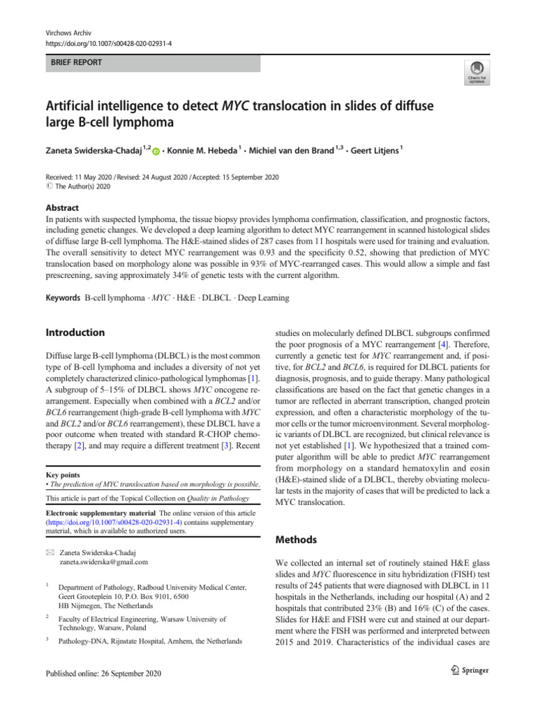 Artificial Intelligence To Detect MYC Translocation in Slides of ...