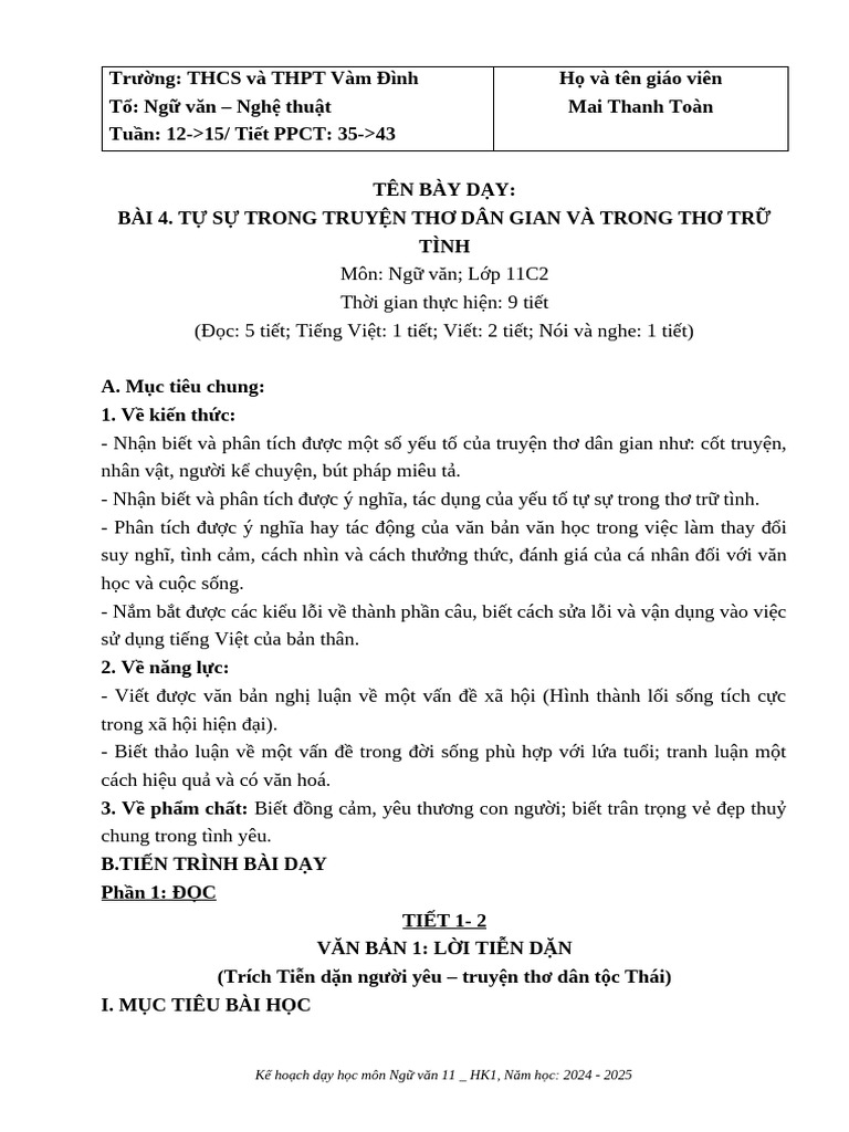 1.BÀI 4_TỰ SỰ TRONG THƠ DÂN GIAN VÀ THƠ TRỮ TÌNH | PDF