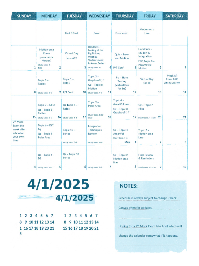 Weekly Schedule for AP Math Review | PDF