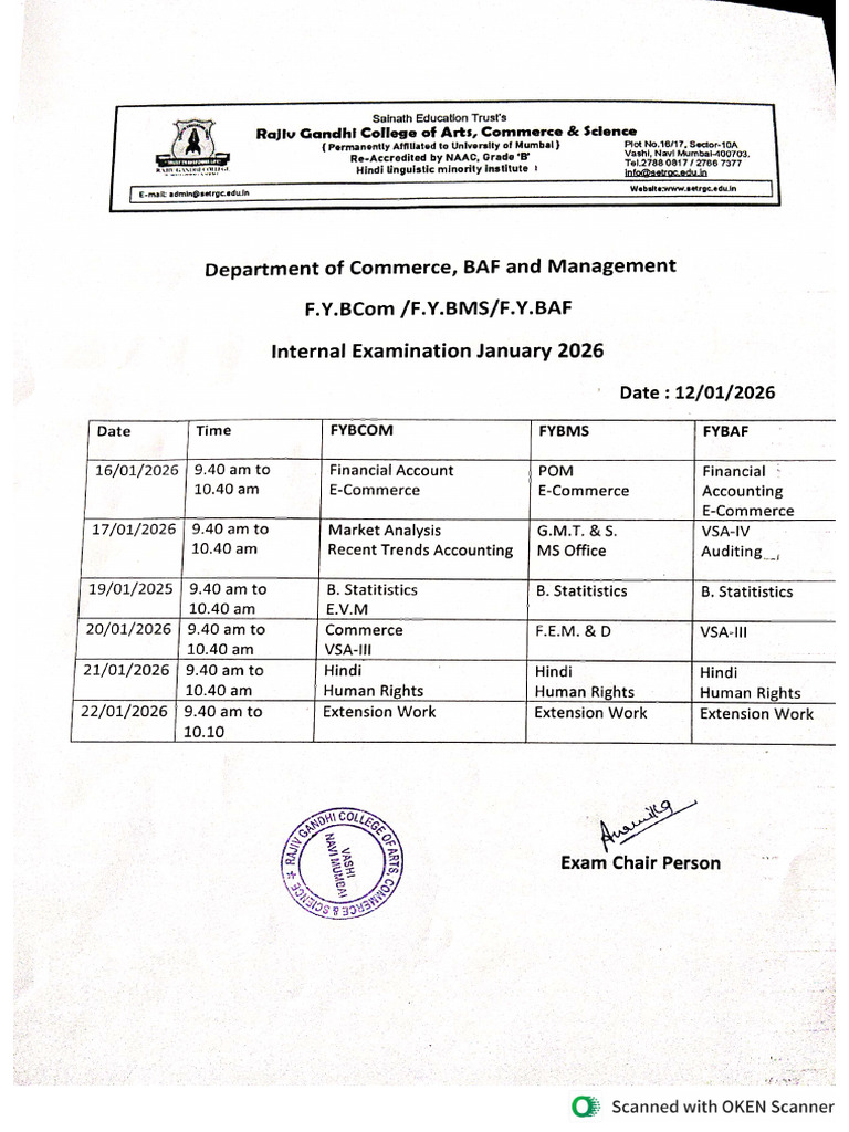 Internal Exam Time Table for FY Classes | PDF