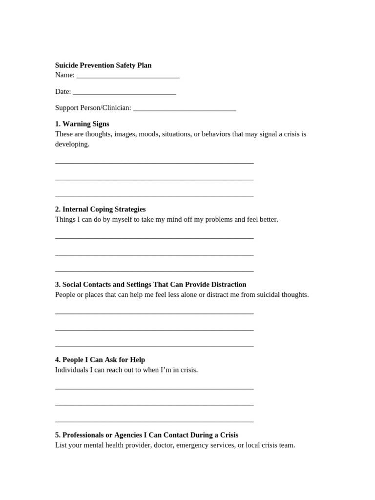 Suicide Prevention Safety Plan Template | PDF | Thought | Behavioural ...