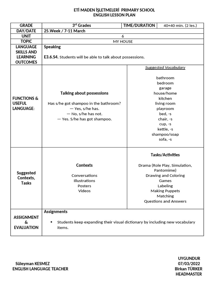 3rd Grade English Lesson Plan: My House | PDF | Linguistics | Cognition