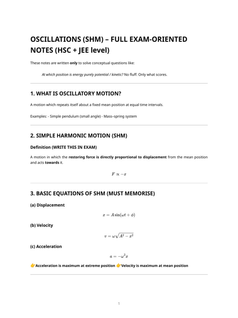 SHM Exam Notes: Key Concepts & Energy | PDF | Oscillation | Physics