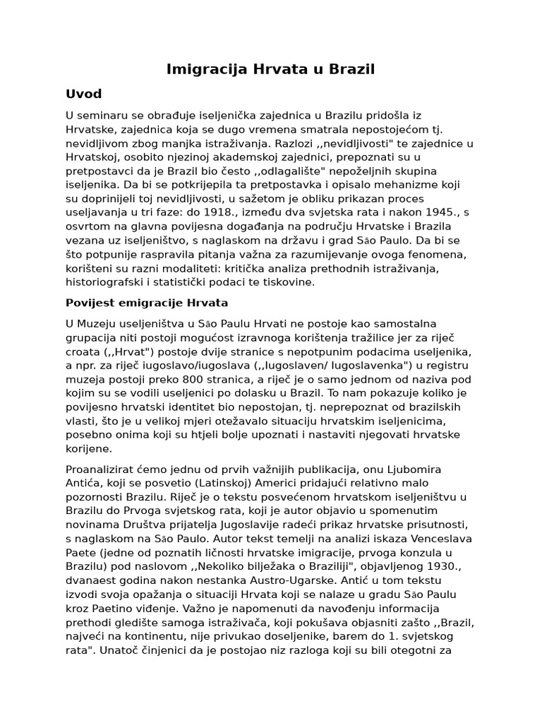 Imigracija Hrvata U Brazil | PDF