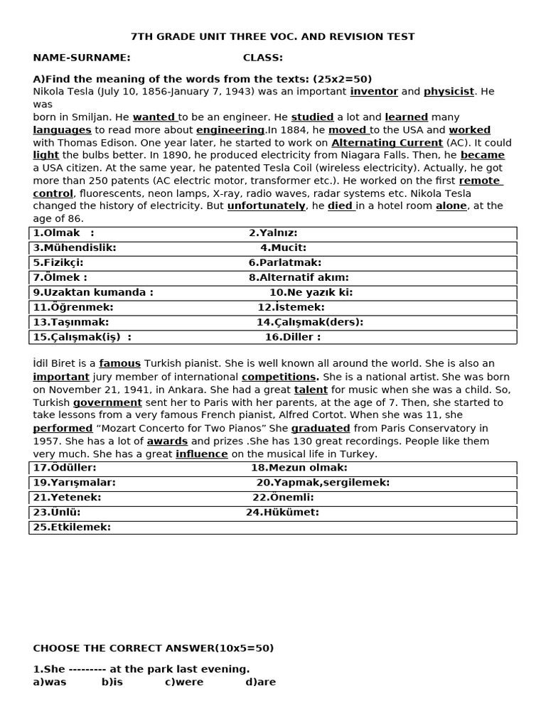 7th Grade Vocabulary and Revision Test | PDF | Nikola Tesla ...