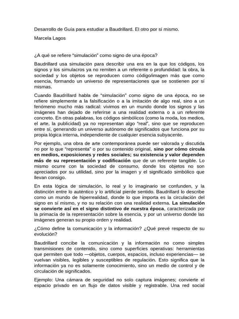 Cuestionario Baudrillard Respuestas | PDF | Experiencia | Los símbolos