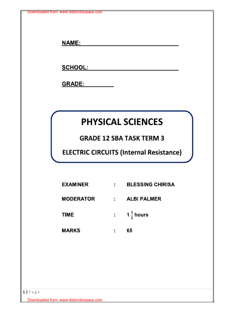 Grade 12 Sba Test Term 3 Electric Circuits 1 | PDF