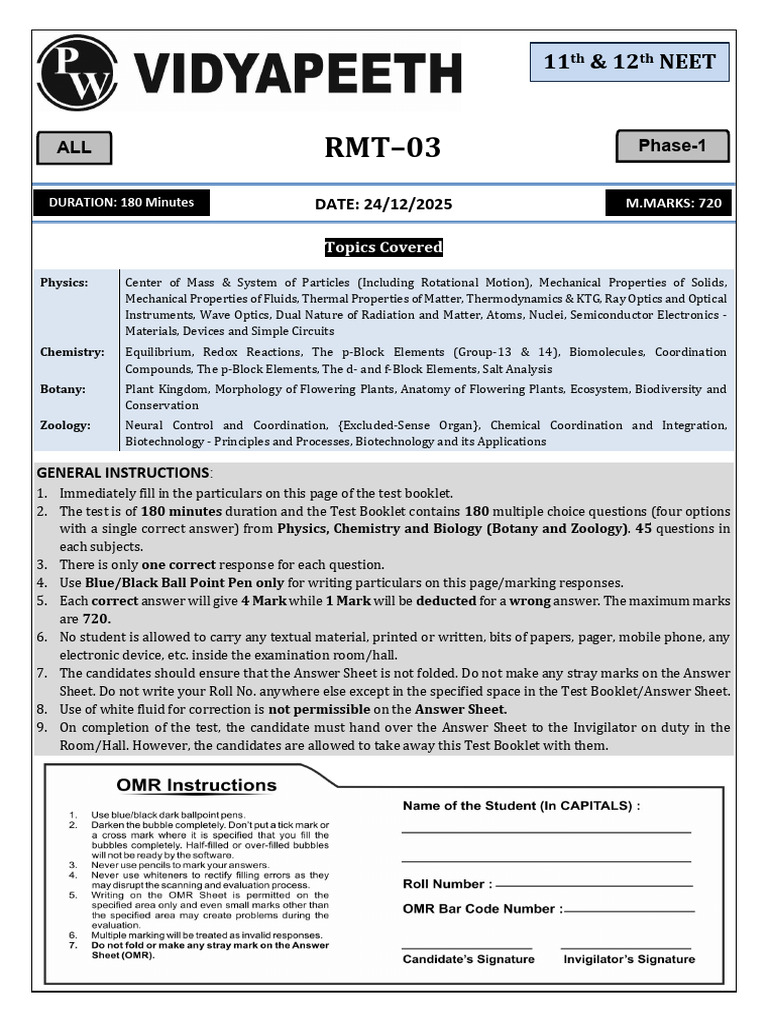 Milestone-03 24-Dec-2025 RMT 11th & 12th Ph-1 Code 1212 Questions | PDF | Gases | Electron
