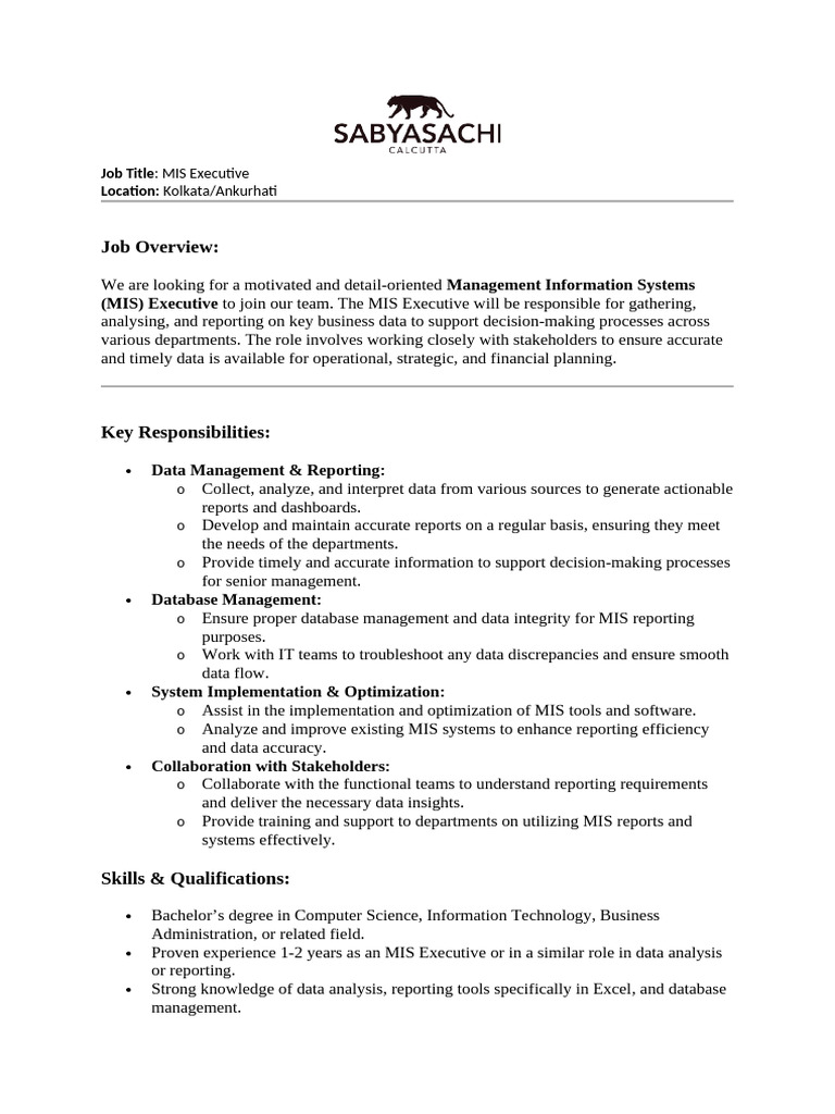 MIS Executive Job Opening in Kolkata | PDF