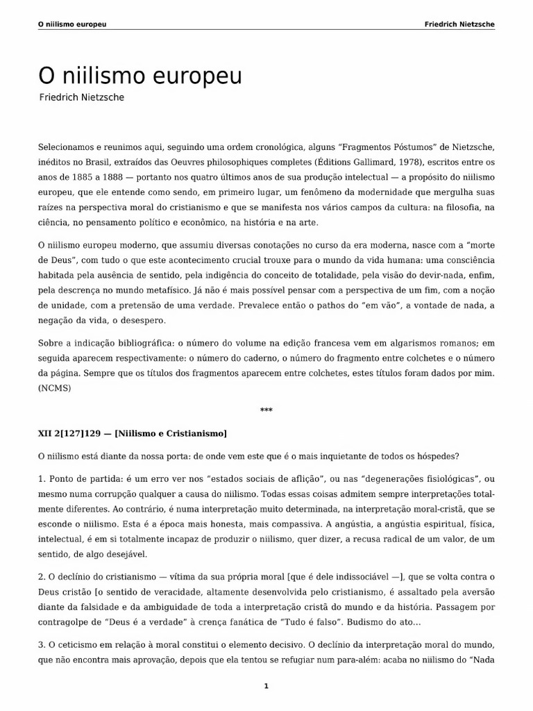 Friedrich Nietzsche - O Niilismo Europeu | PDF | Niilismo | Friedrich ...