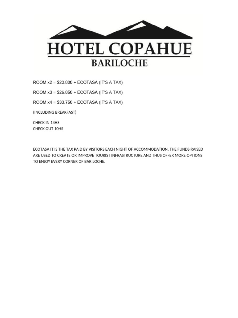 Bariloche Room Rates with Ecotasa Tax | PDF
