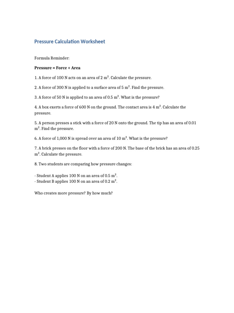 Pressure Calculation Examples and Worksheet | PDF