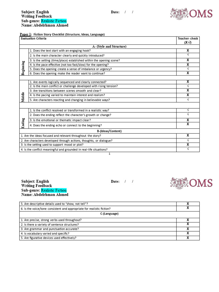 Realistic Fiction Writing Feedback Guide | PDF | Linguistics | Human ...