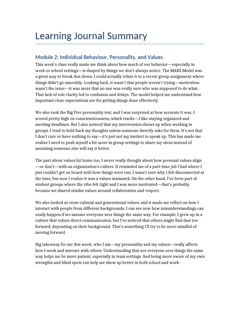 Learning Journal Summary Part1 | PDF | Emotions | Attitude (Psychology)