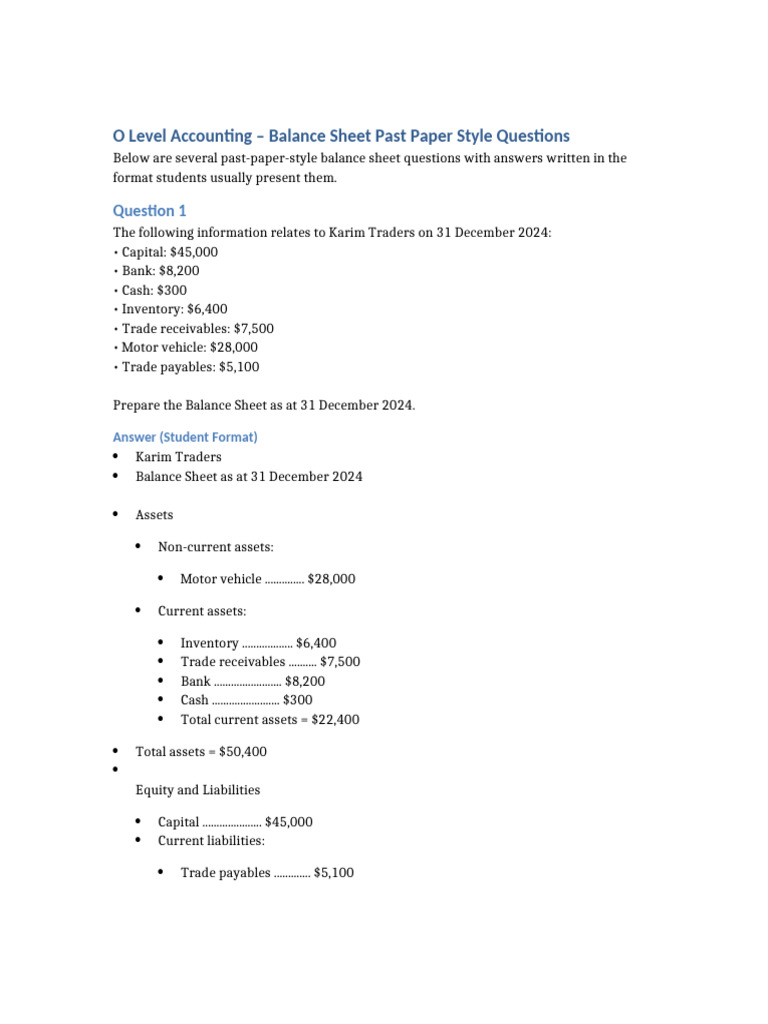 O Level Accounting Balance Sheet Questions | PDF | Balance Sheet ...