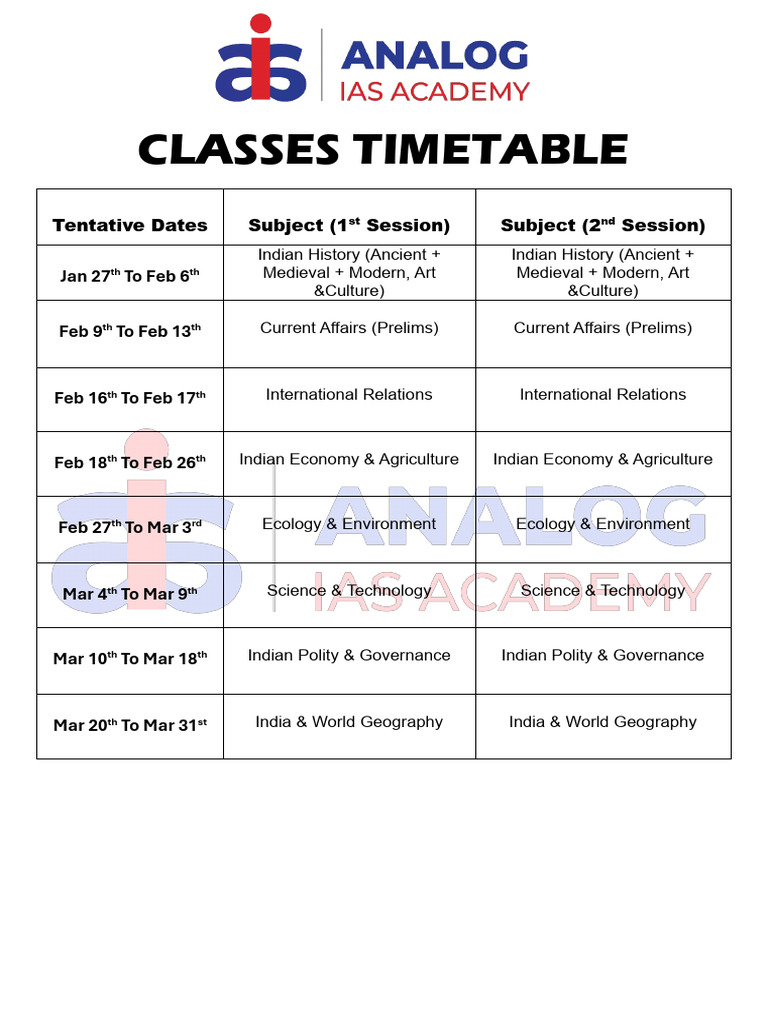 Classes and Tests Timetable 2024 | PDF