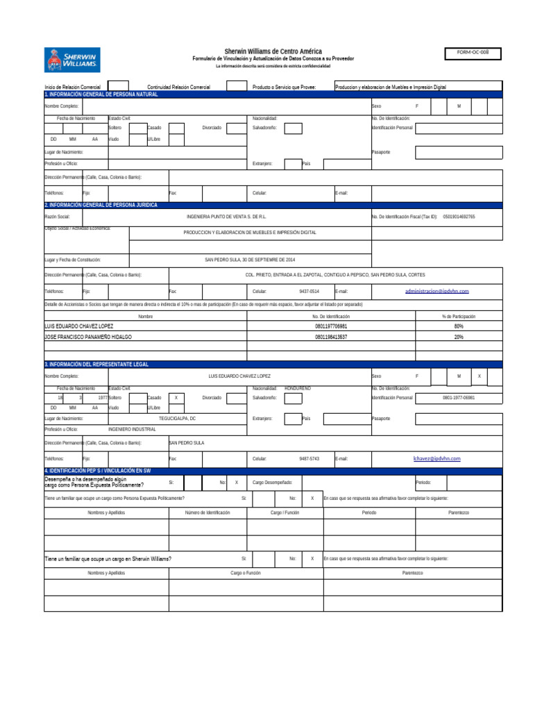 FORM-OC-0008 Formulario Vinculación y Actualización de Datos Conozca a Su Proveedor. | PDF ...