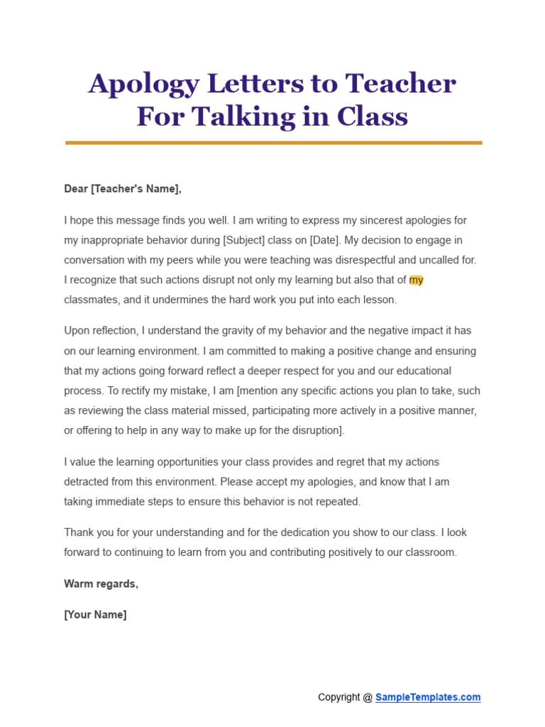 Apology Letters to Teacher for Talking in Class | PDF