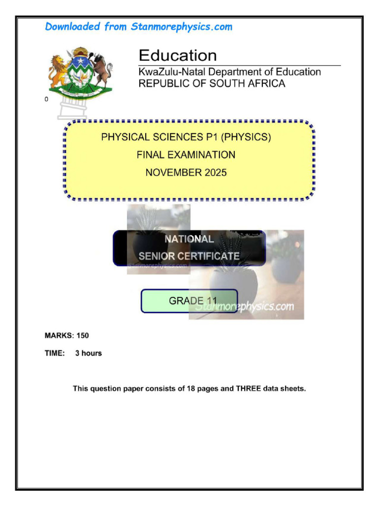 KZN Physical Sciences Grade 11 November 2025 P1 and Memo | PDF