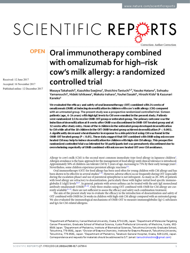 Oral Immunotherapy Combined With Omalizumab for High–Risk Cow’s Milk ...