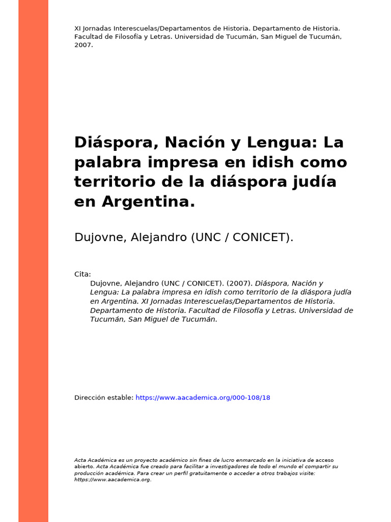 Dujovne, Alejandro (UNC CONICET). (2007). Diáspora, Nación y Lengua La ...