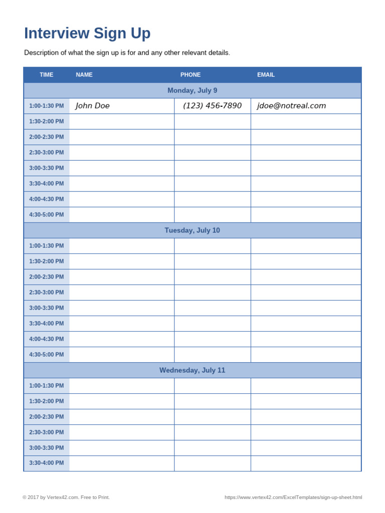 Interview Sign-Up Sheet Template | PDF