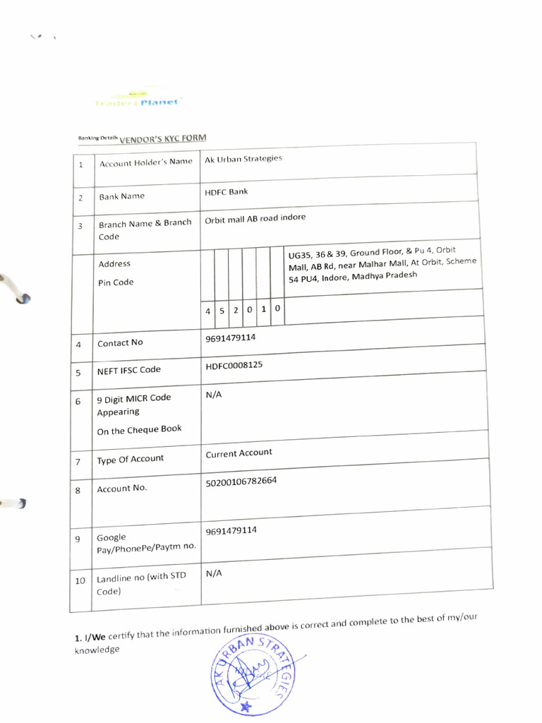 Vendor KYC Banking Details Form | PDF