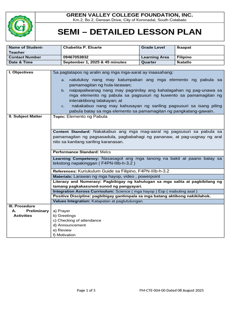 Cte Semi Detailed Lesson Plan Elcarte Demo Today | PDF