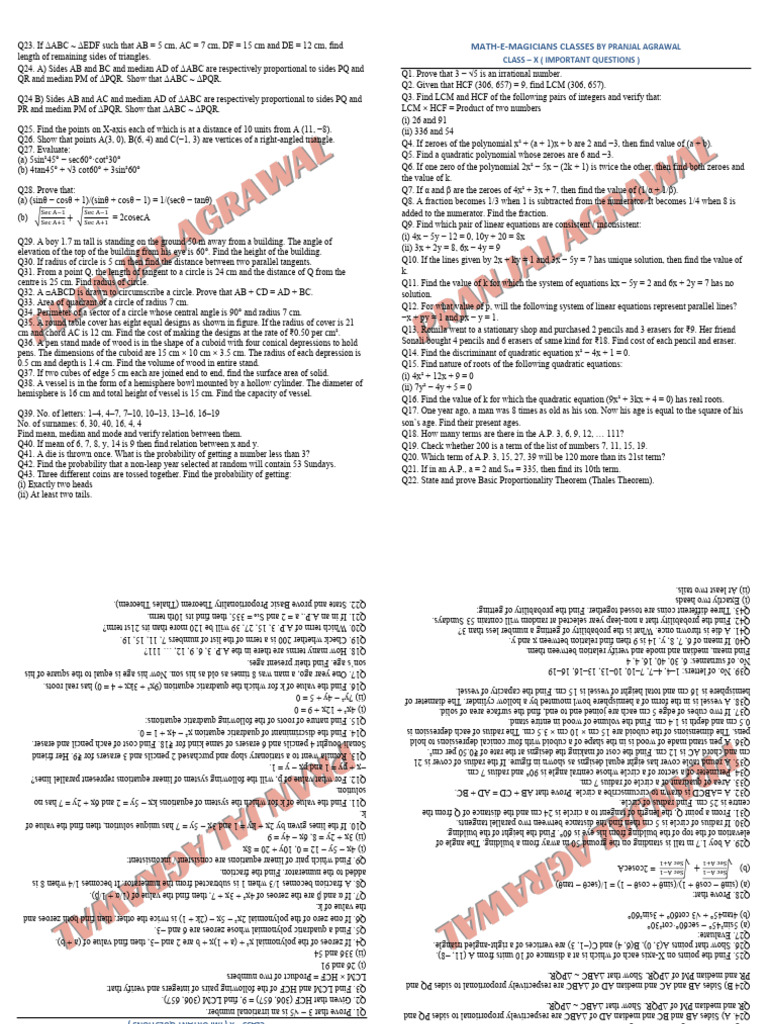 Class X All Important Questions | PDF | Circle | Sphere