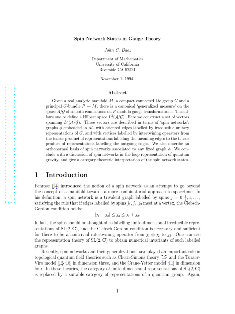 [Baez] Spin Network States in Gauge Theory | PDF | Representation ...