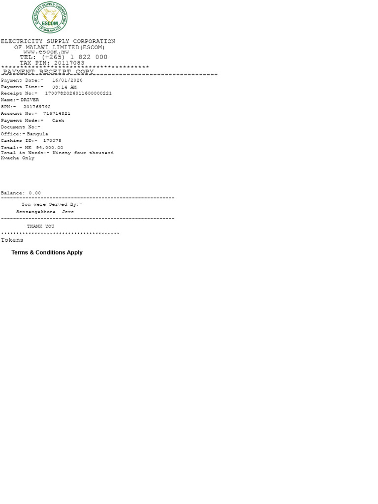 ESCOM Malawi Payment Receipt Template | PDF