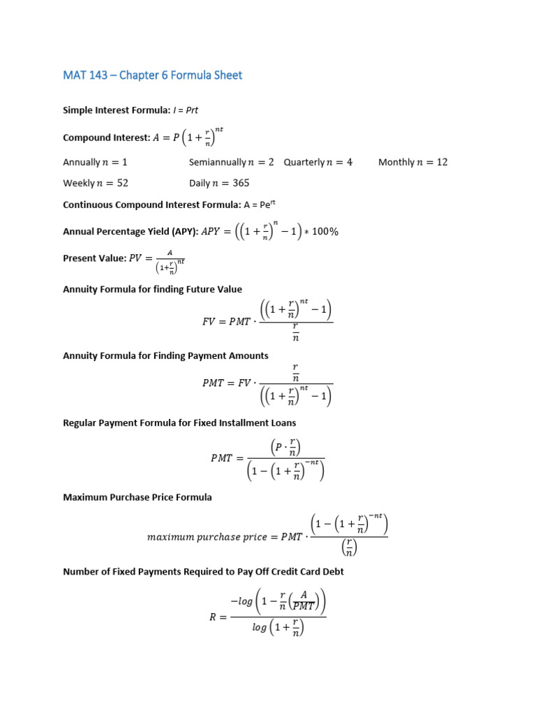 MAT 143 Chapter 6 Finance Formulas | PDF