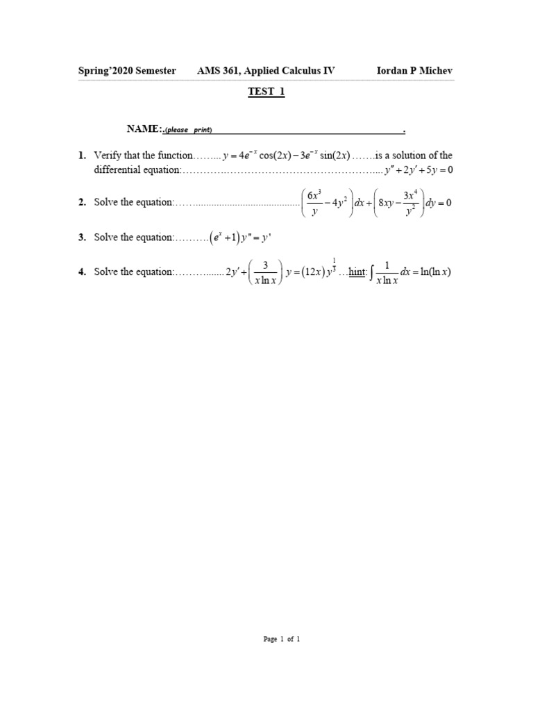 AMS 361 Applied Calculus IV Test 1 | PDF