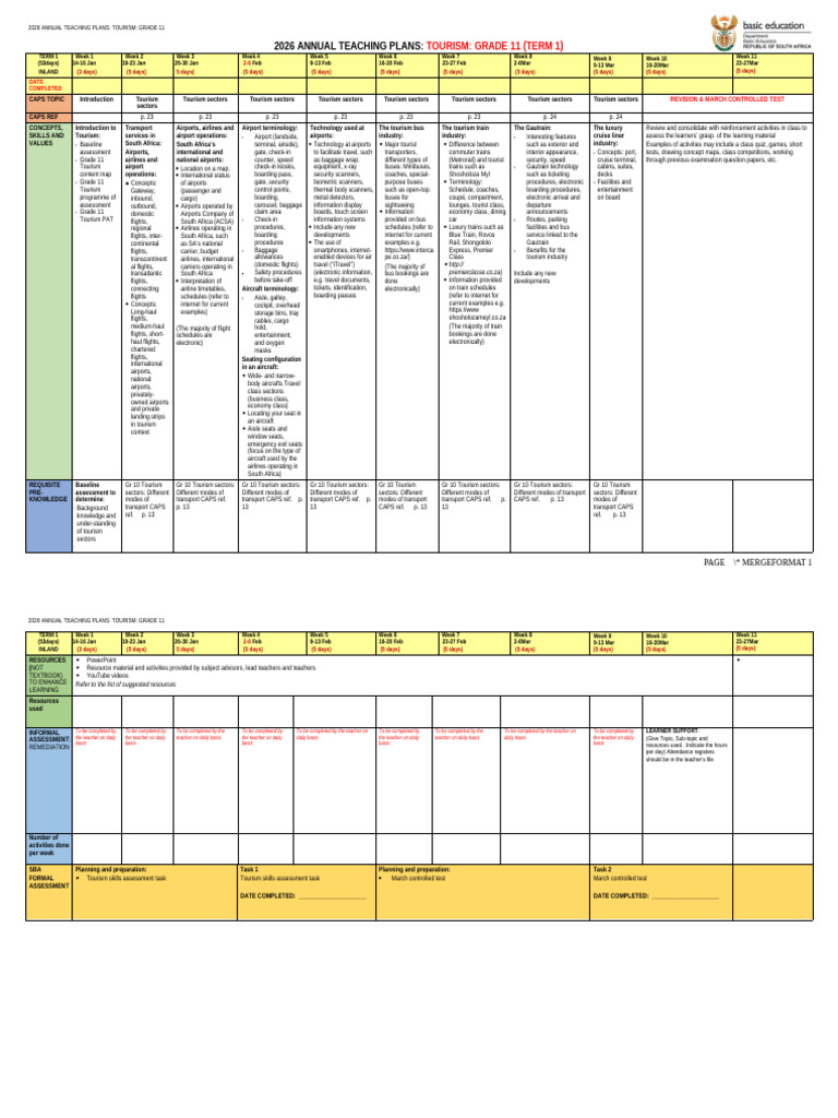 Grade 11 Tourism Teaching Plans 2026 | PDF | Teachers | Tourism