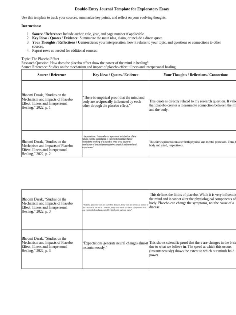 Double-Entry Journal for Placebo Effect | PDF | Placebo | Mind