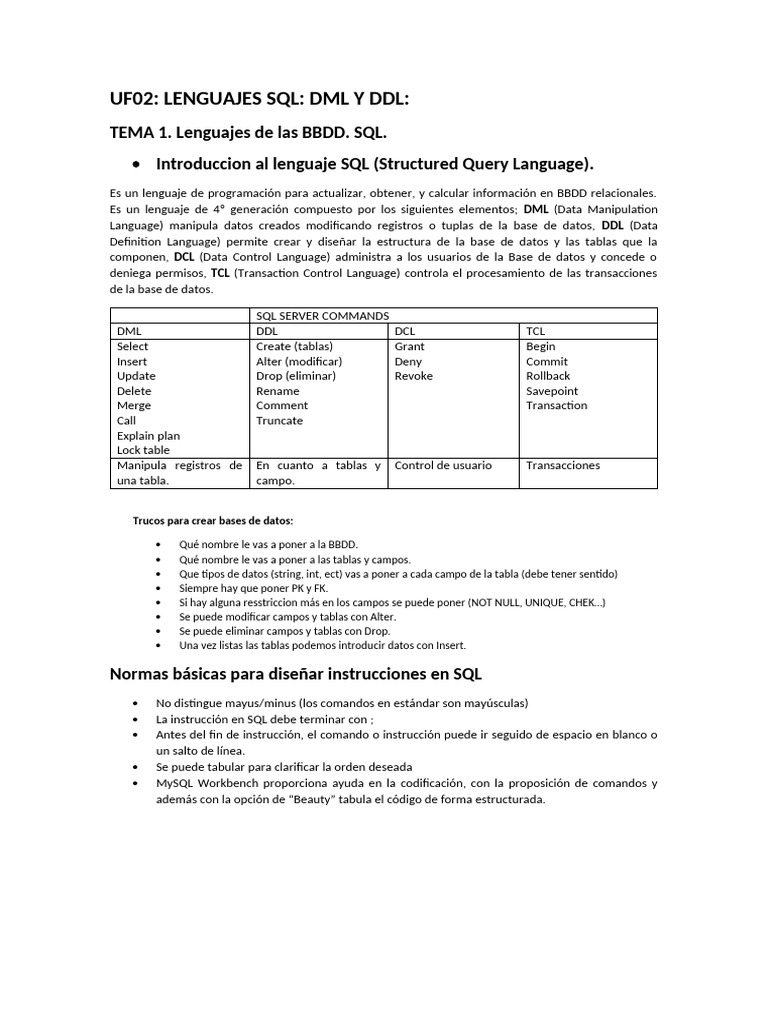 Lenguajes SQL: DML, DDL y Comandos Básicos | PDF | SQL | Bases de datos