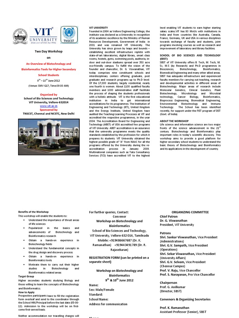 TNSCST Workshop Brochure | PDF | Bioinformatics | Biotechnology