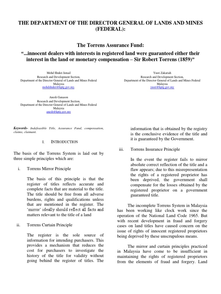 Assurance Fun in Malaysia Lessons Learnt From Sir Robert Torrens | PDF ...