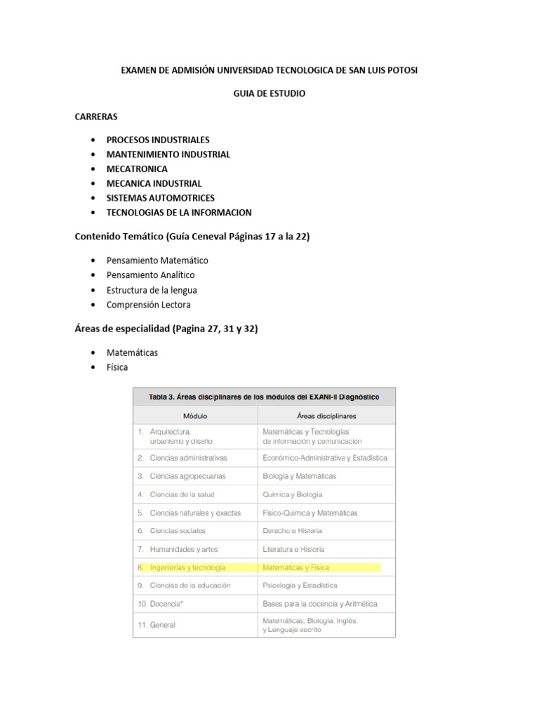 Guía de Estudio Examen UTSLP 2023 | PDF