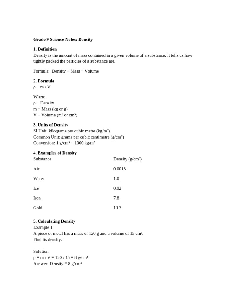 Grade9 Density Notes | PDF