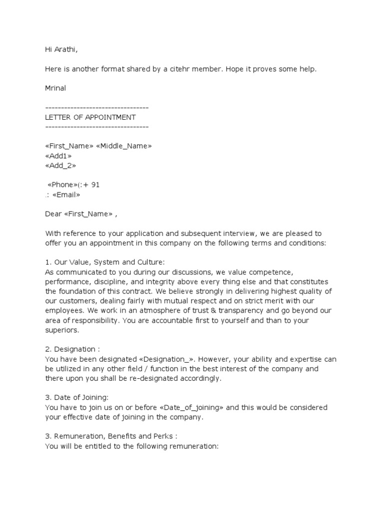appointment letter format | Confidentiality | Employment
