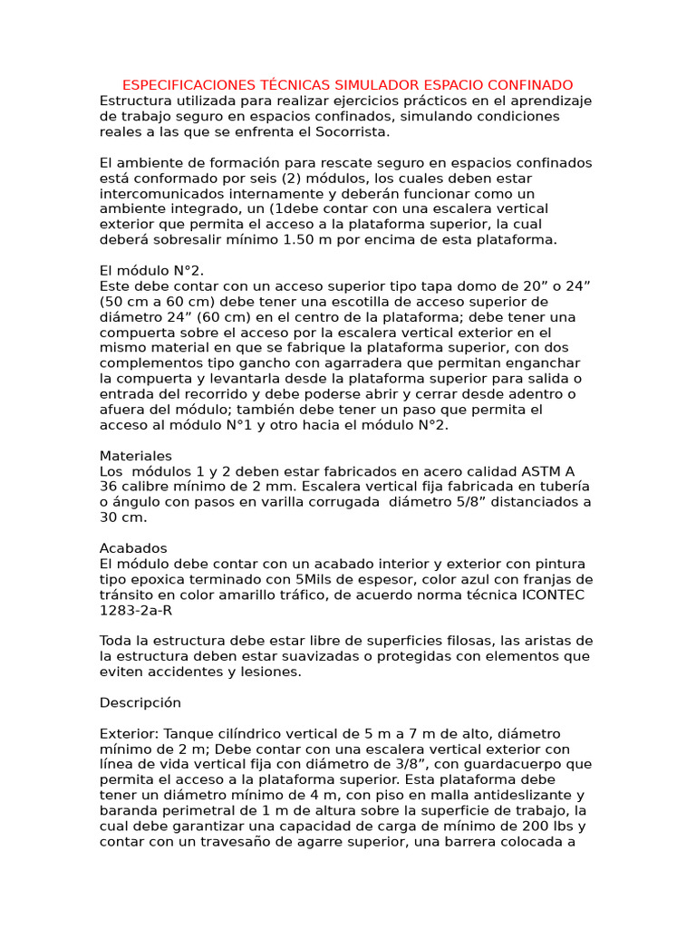 ESPECIFICACIONES TÉCNICAS SIMULADOR ESPACIO CONFINADO | PDF